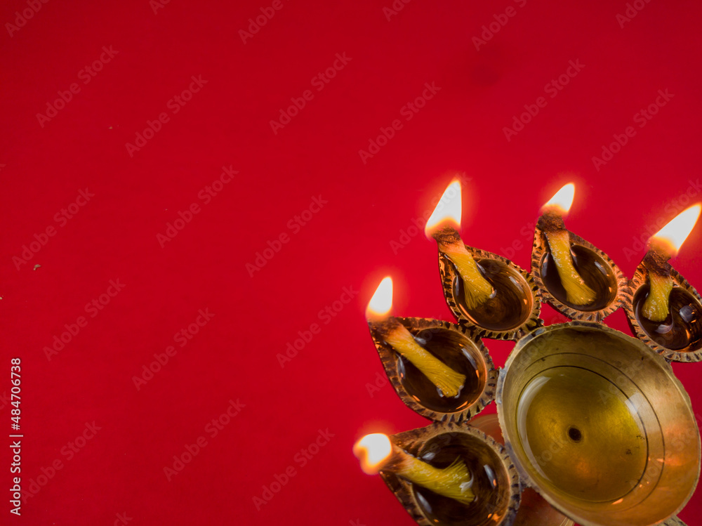 hindu puja essential panch pradeep or five headed oil lamp burning with ...