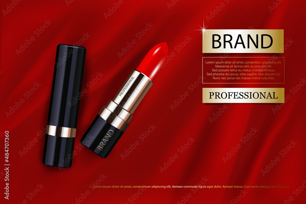 Red lipstick on a scarlet background made of silk fabric with soft ...