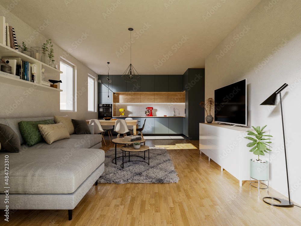 3D rendering of modern, stylish living room, connected to kitchen and ...