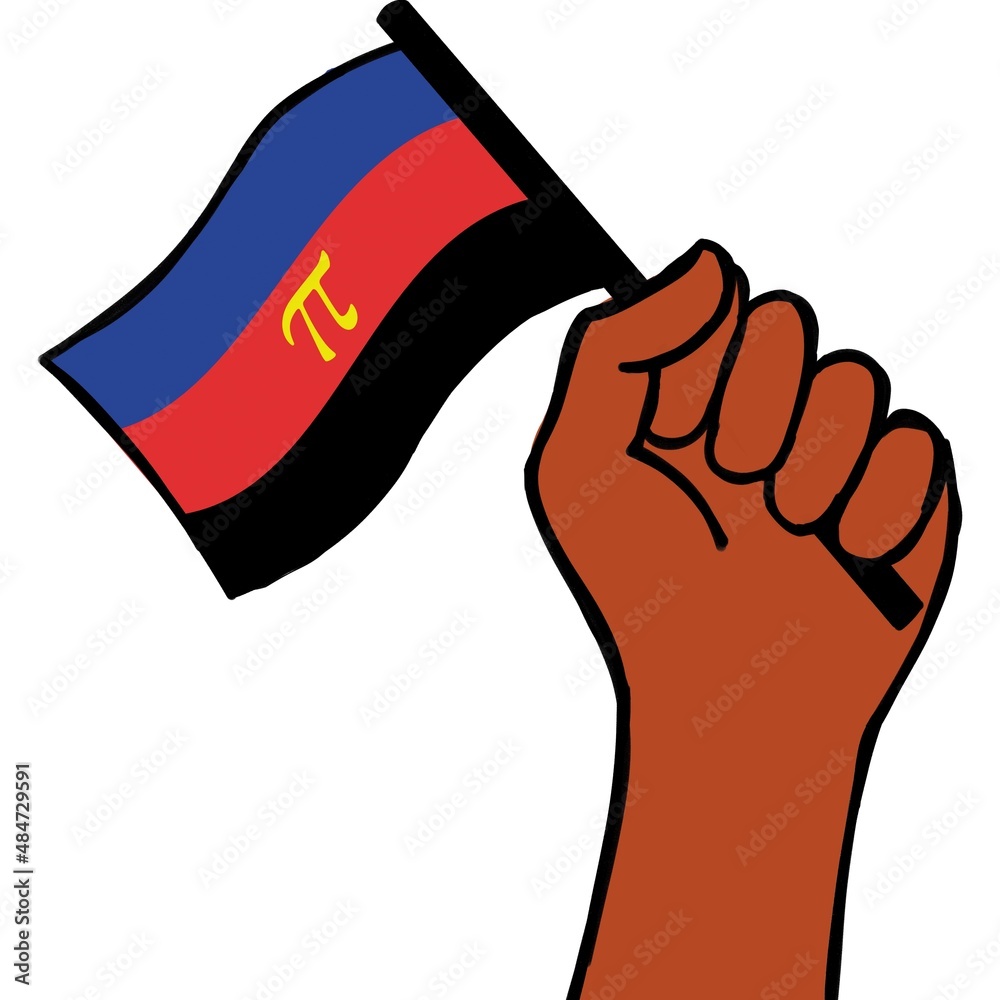 hand in raised fist holding the polyamorous flag with the pi symbol ...