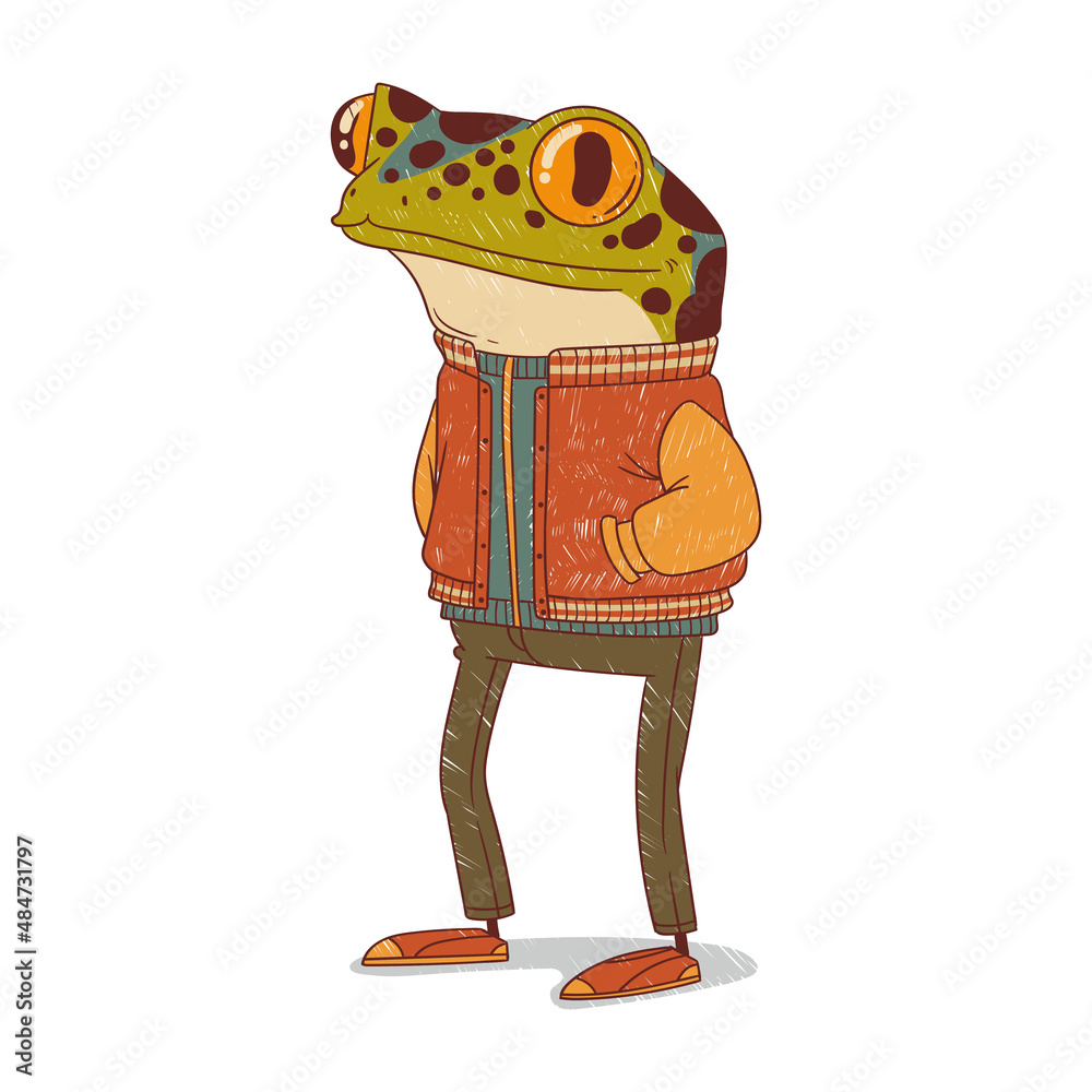 Cool humanized hipster frog, isolated vector illustration. Calm ...