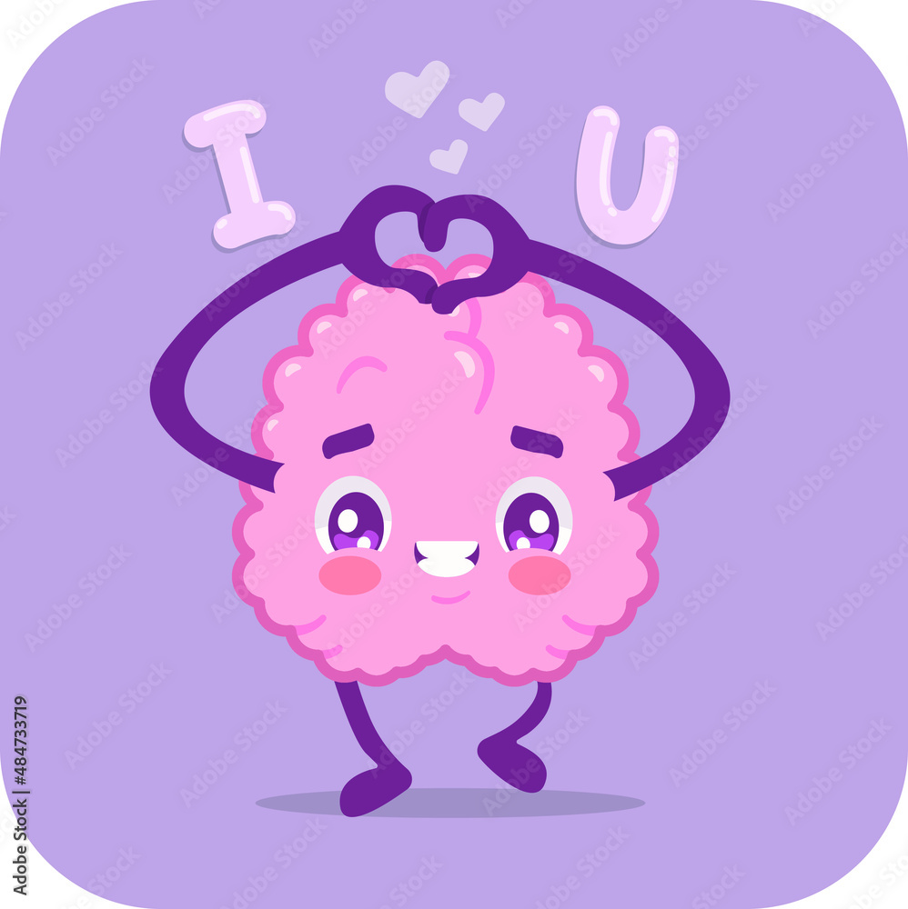 children's illustration of a cute brain in love. human internal organ ...