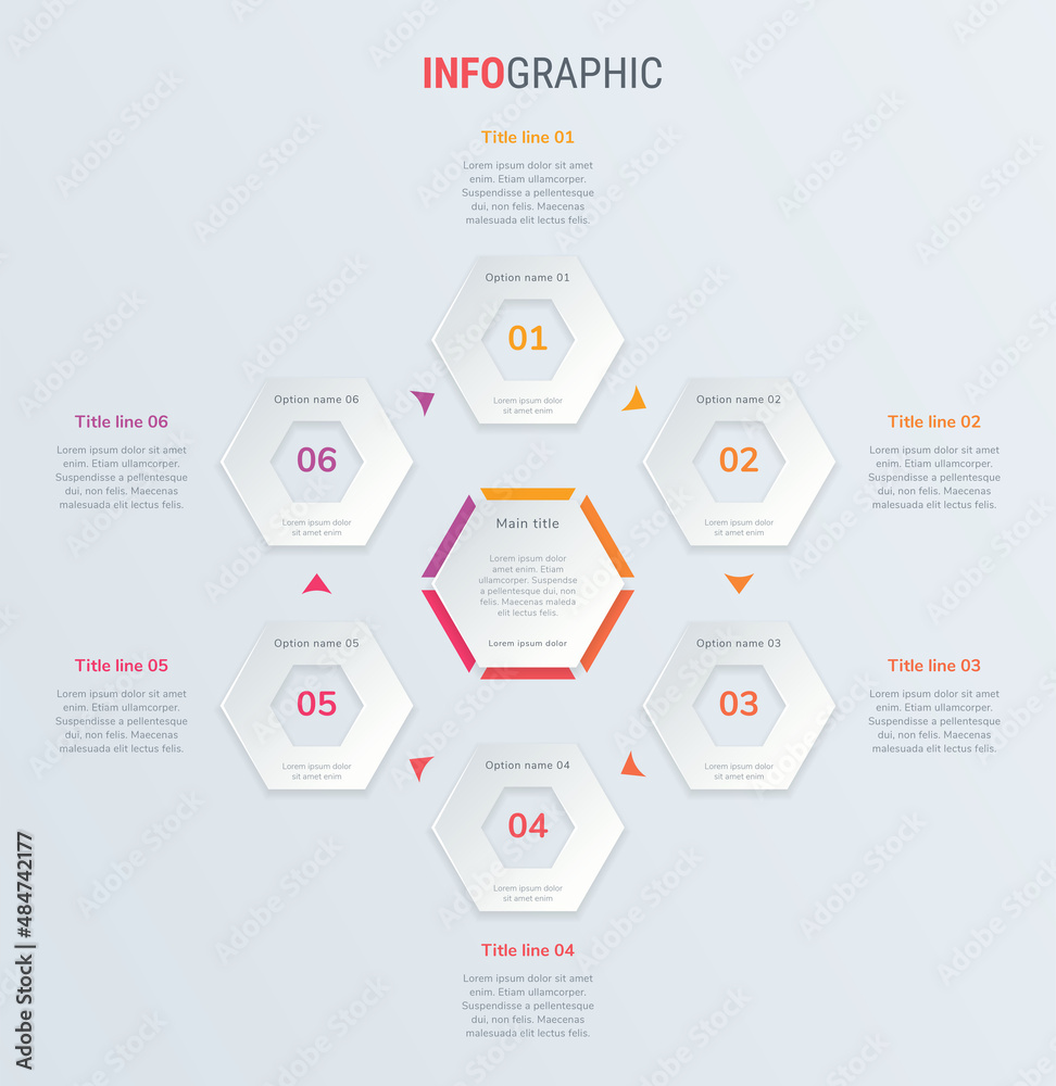 Red timeline infographic design vector. 6 steps, honeycomb workflow ...