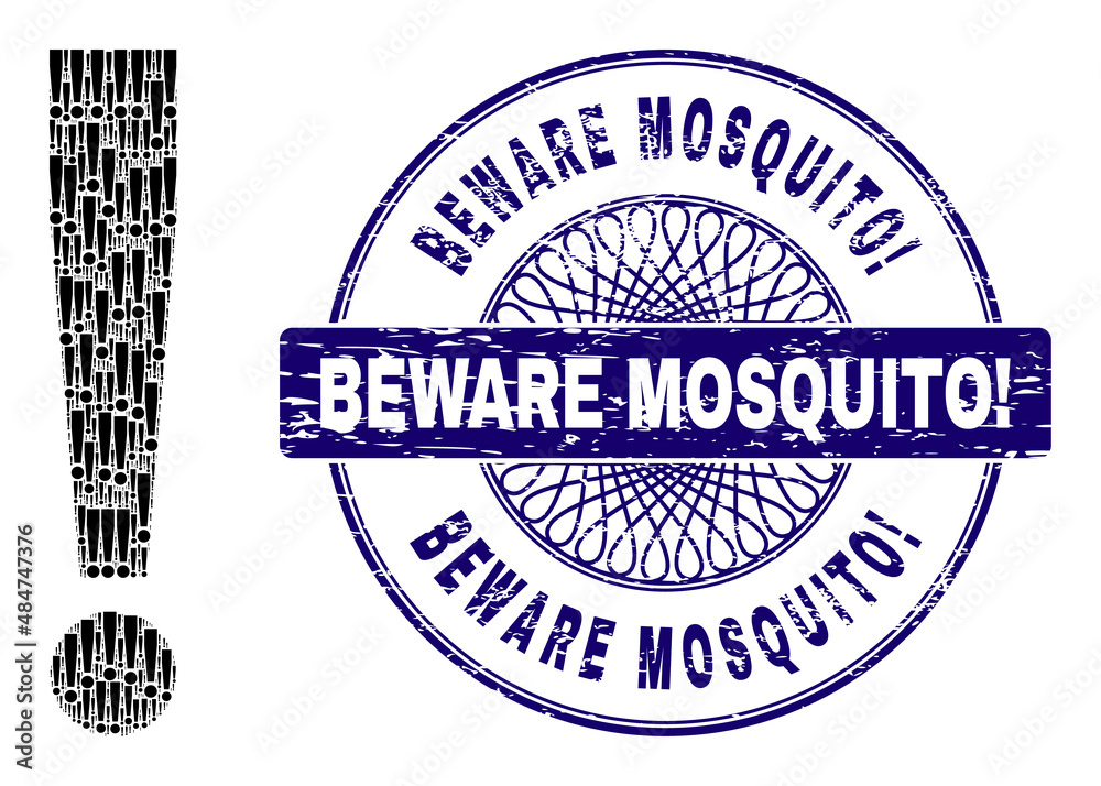 Recursion mosaic exclamation sign and Beware Mosquito! round textured ...