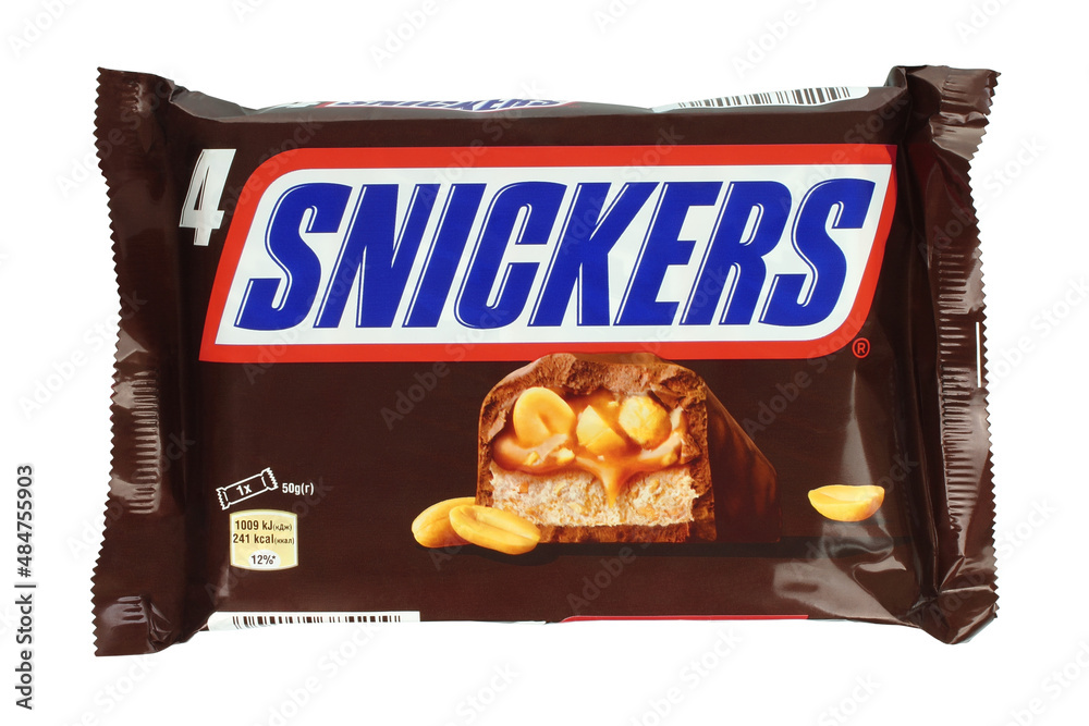 Snickers package of chocolate bars. Snickers is a chocolate bar made by ...