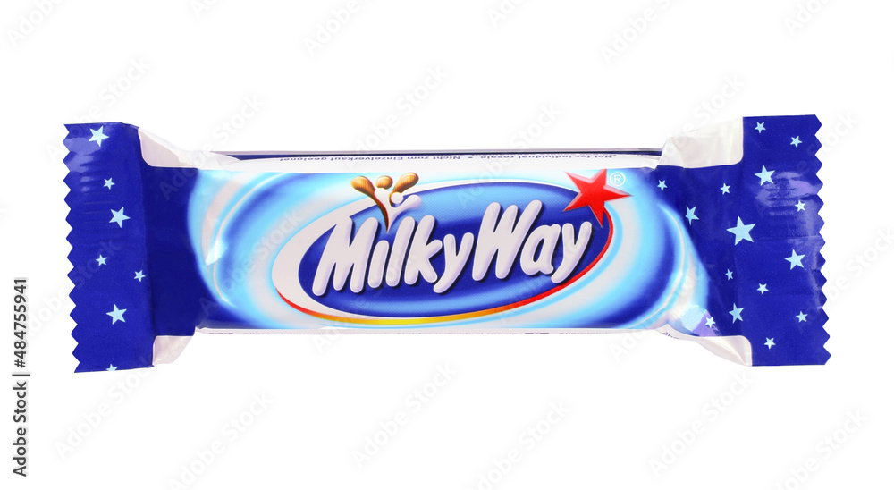 Milky Way chocolate bar on white background. Milky Way is a brand of ...