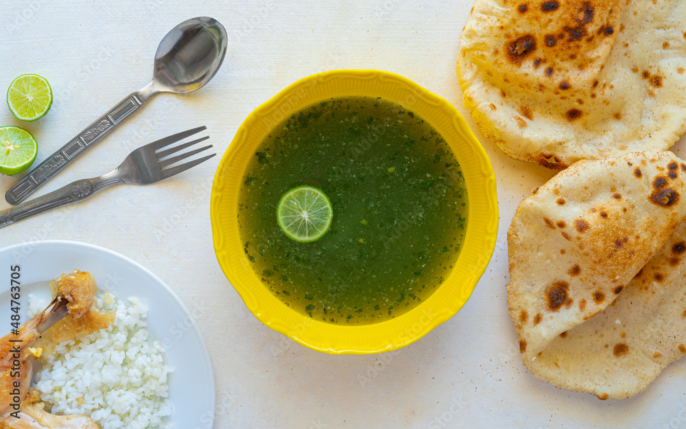 Famous traditional Arabic, Middle East, Israel cuisine. Green mallow ...