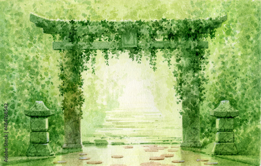 An ancient stone thorium overgrown with climbing plants. Japanese ...