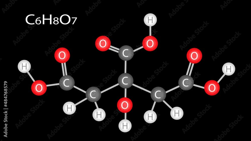 formation of citric acid molecule, C6H8O7, schematic animation, cartoon ...