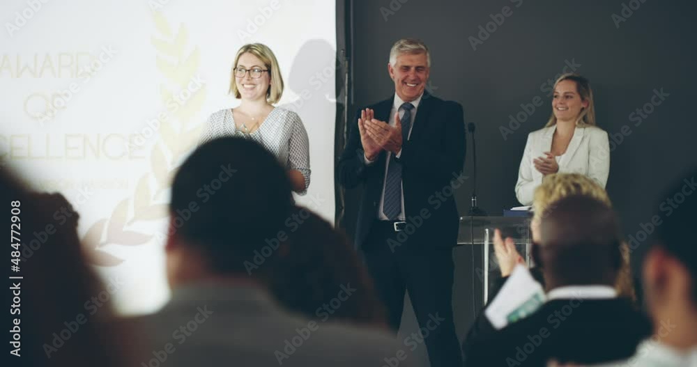 Happy boss and ceo clapping, giving praise and recognition to team ...