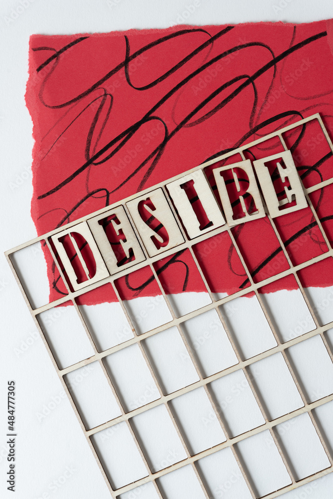 the word "desire" in wooden stencil font (inside a grid) on white and ...