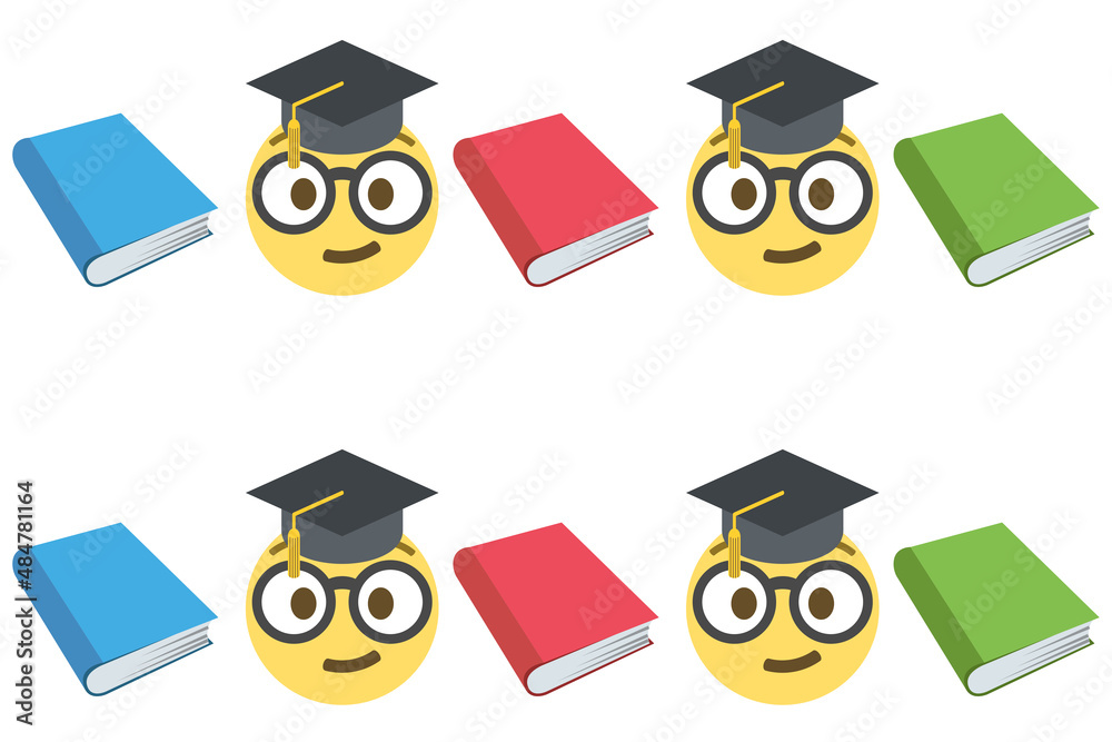 nerd face emoji with graduation cap and colored books,pattern on a ...
