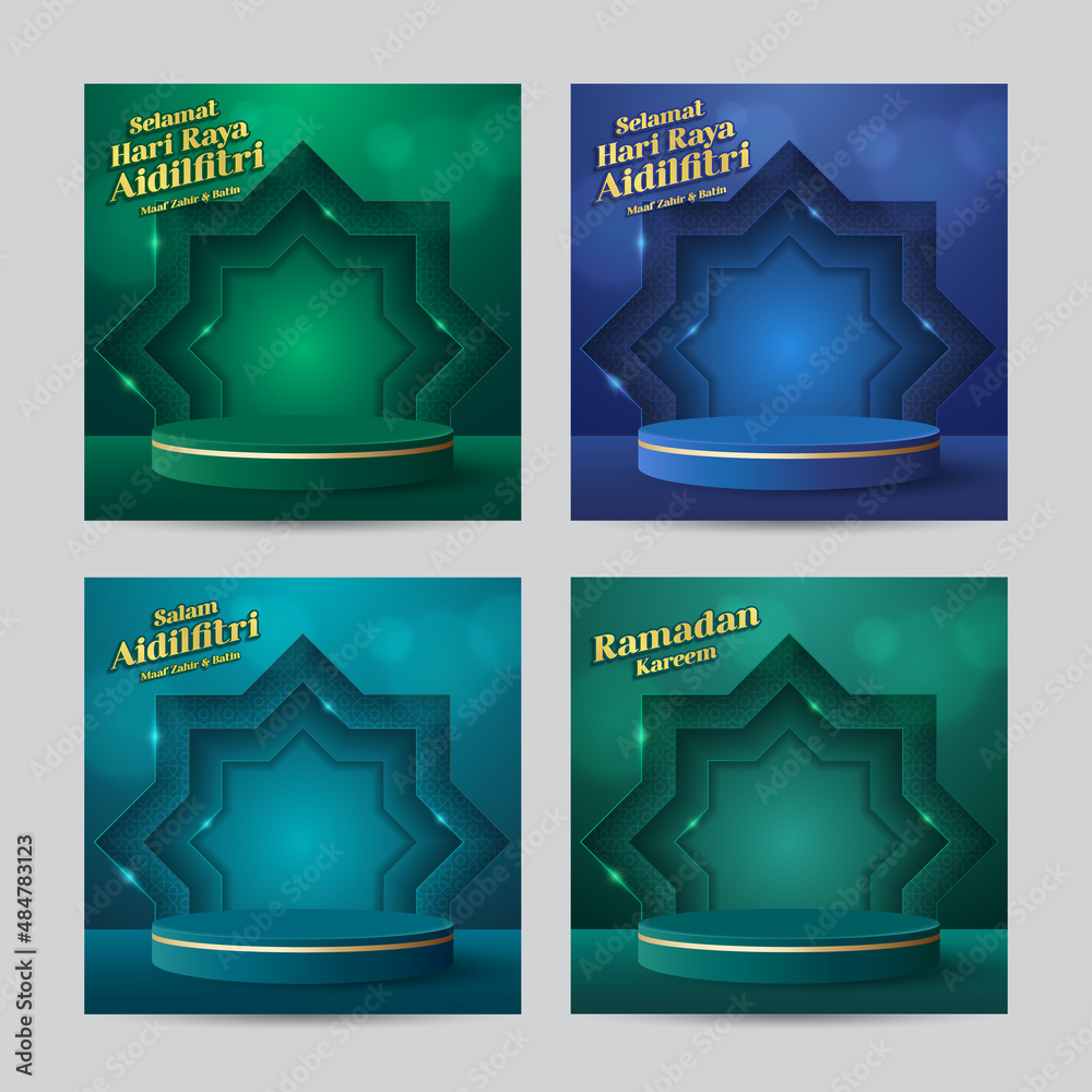 Hari Raya festival with Islamic graphic elements and round stage podium ...