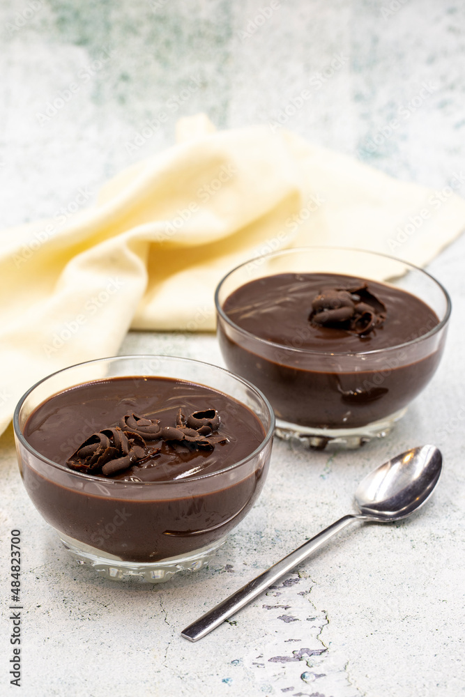 Supangle dessert on gray background. A chocolate pudding with a semi ...
