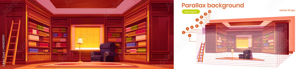 Library interior with bookcases, ladder, chair and lamp. Vector ...