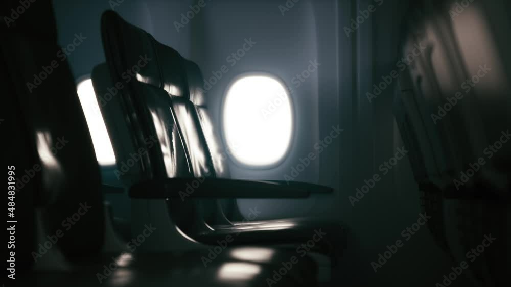 Empty airplane seats. Passenger airplane interior. Empty passenger ...