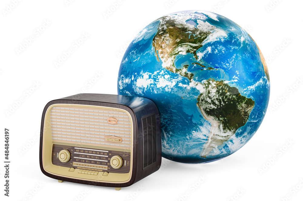 Vintage radio receiver with Earth Globe. World Radio Day, concept. 3D ...