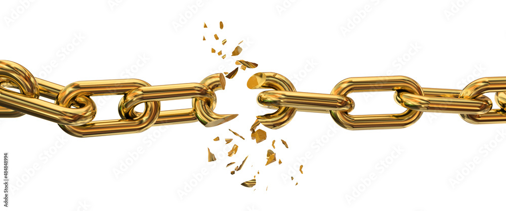 gold golden chain breaking horizontal isolated in white background - 3d ...