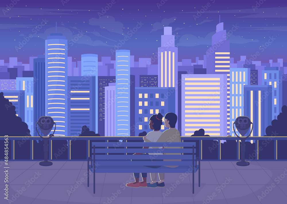 Romantic date night on rooftop flat color vector illustration. Star ...