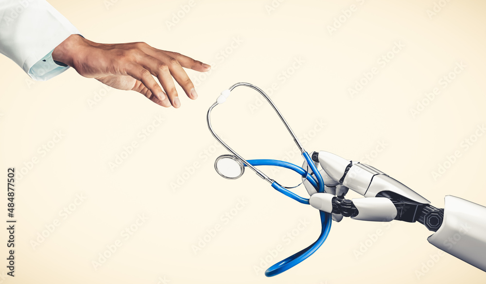 3D rendering medical artificial intelligence droid robot working in ...