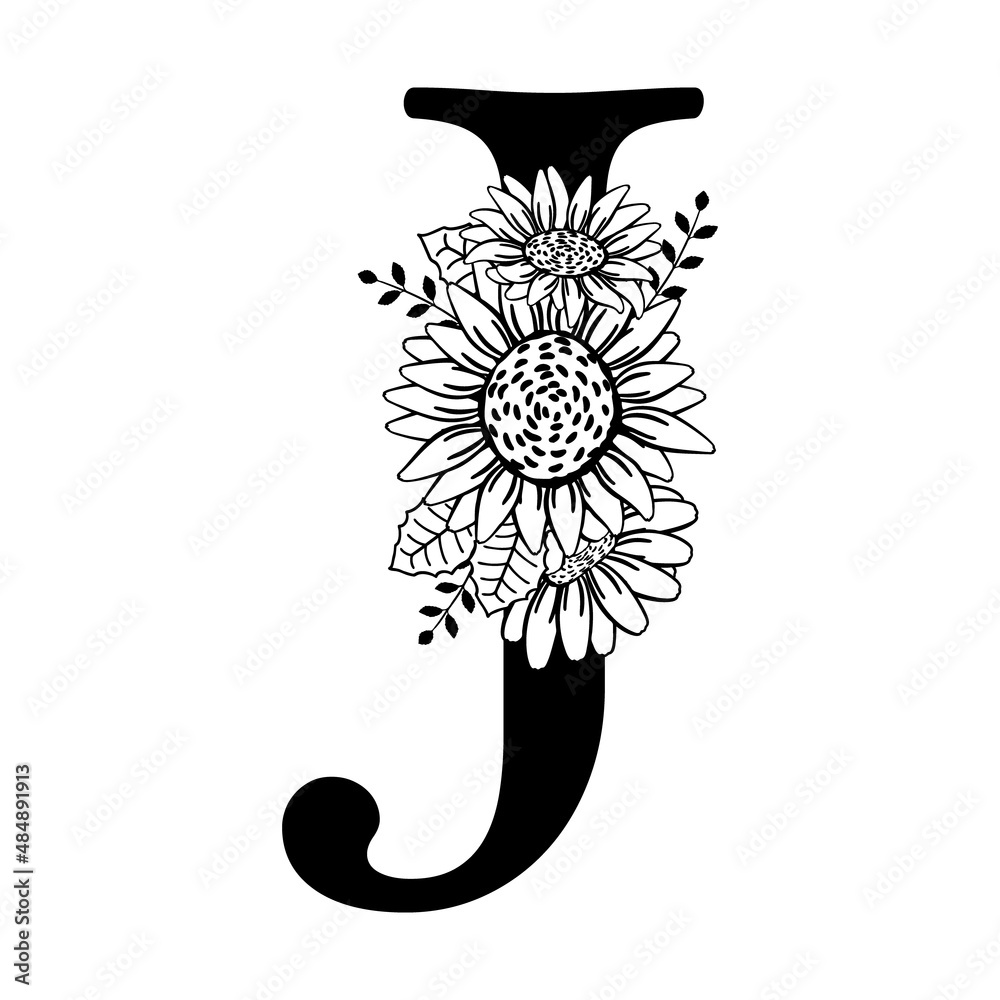 Monogram letter J. Floral letter design with flowers sunflowers ...