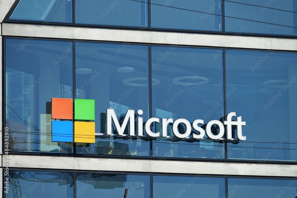 Microsoft logo company on the window facade of the new Microsoft ...