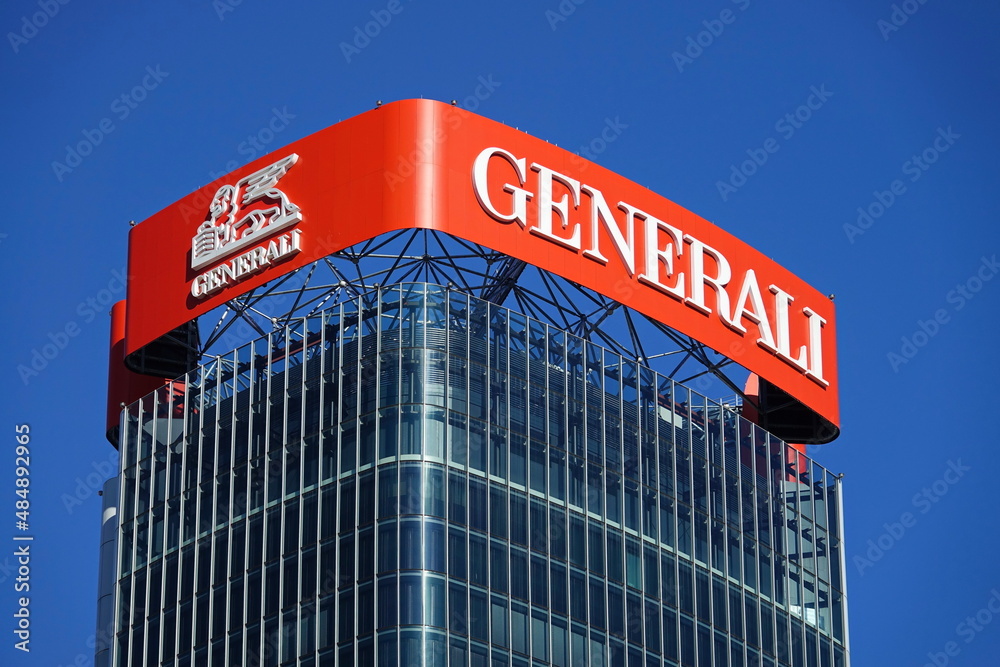 Logo on the headquarter of the Generali Group in the new, modern ...