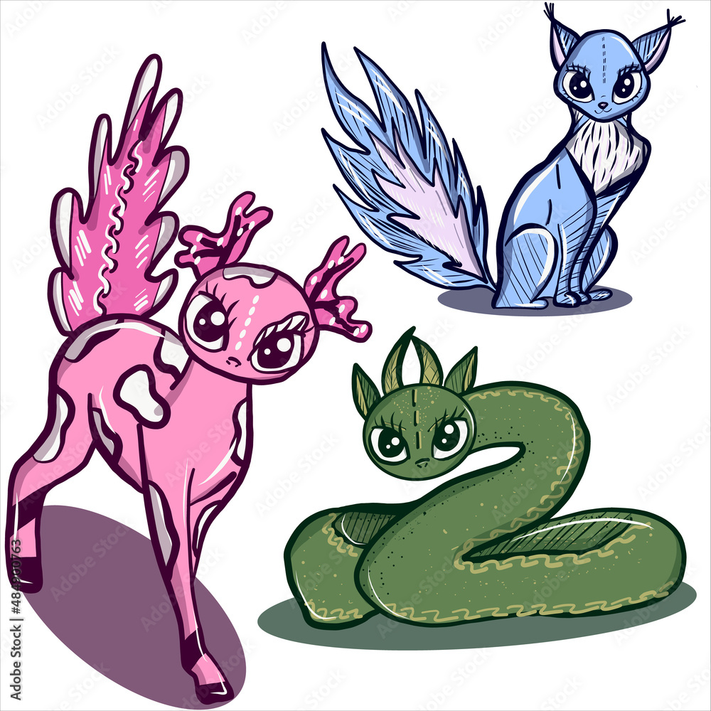 Cartoon dragon set. Fairy cute dragonfly icons collection. Vector ...