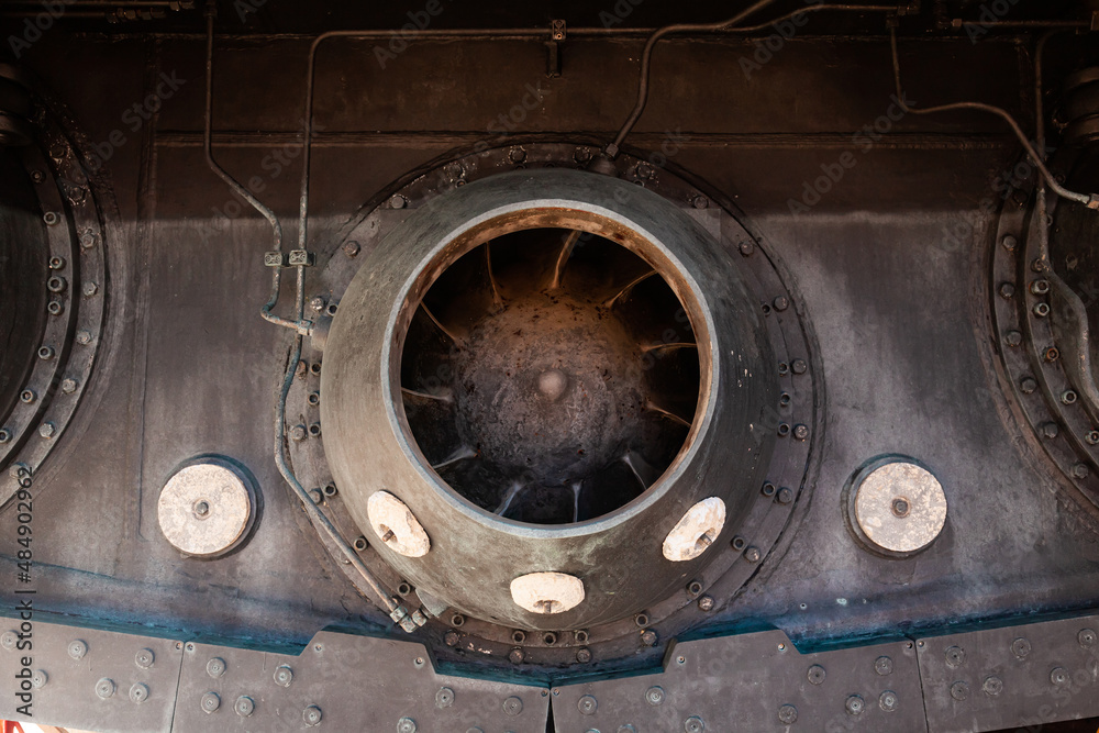 The back of a yacht with a water jet engine in the form of a turbine ...