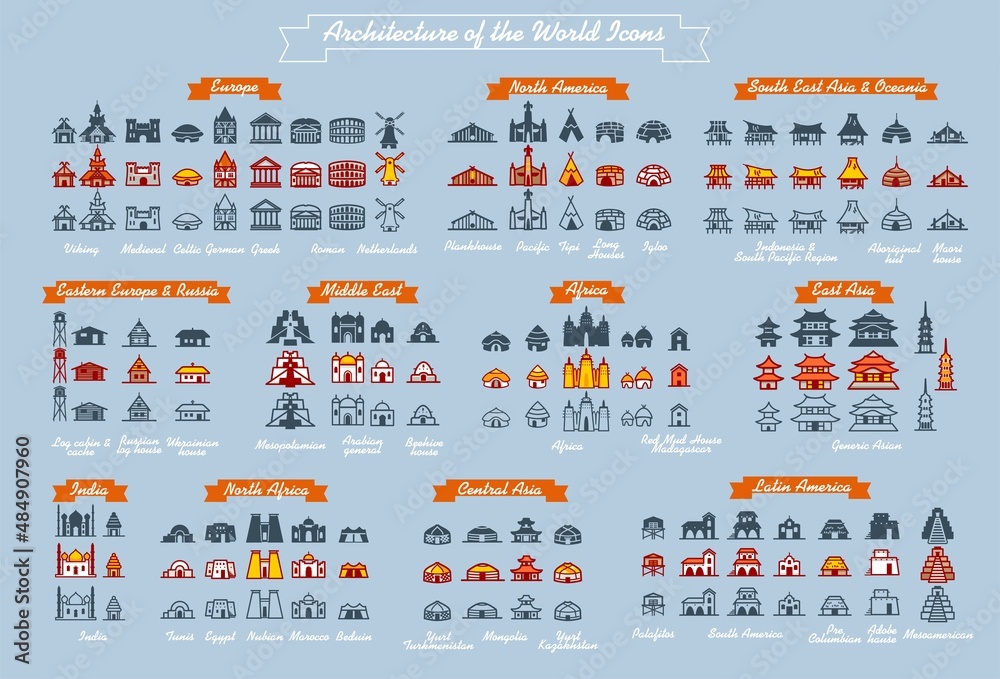 World architecture with simple icon and line illustration of houses by ...