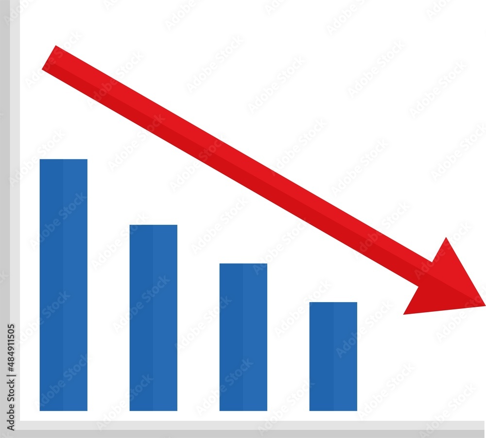 Vector illustration of bar graph with low statistics and a red arrow ...