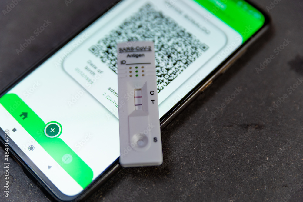 A positive result rapid Covid test, also known as antigen test or ...