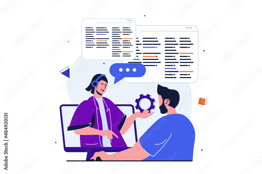 Customer service modern flat concept for web banner design. Man turned ...