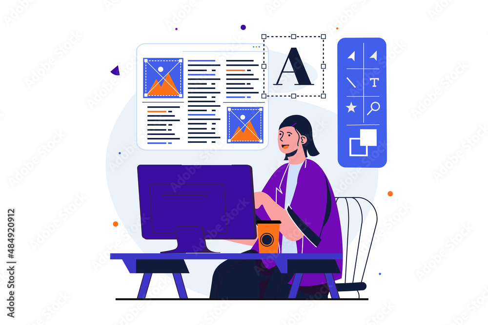 Designer studio modern flat concept for web banner design. Woman works ...