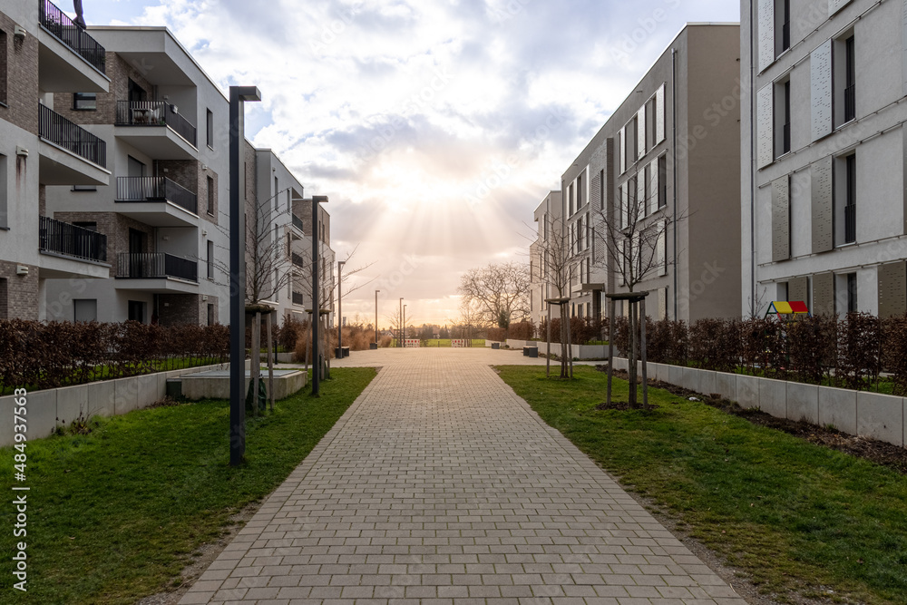 Heidelberg Bahnstadt, sun shining through the clouds. Modern living ...
