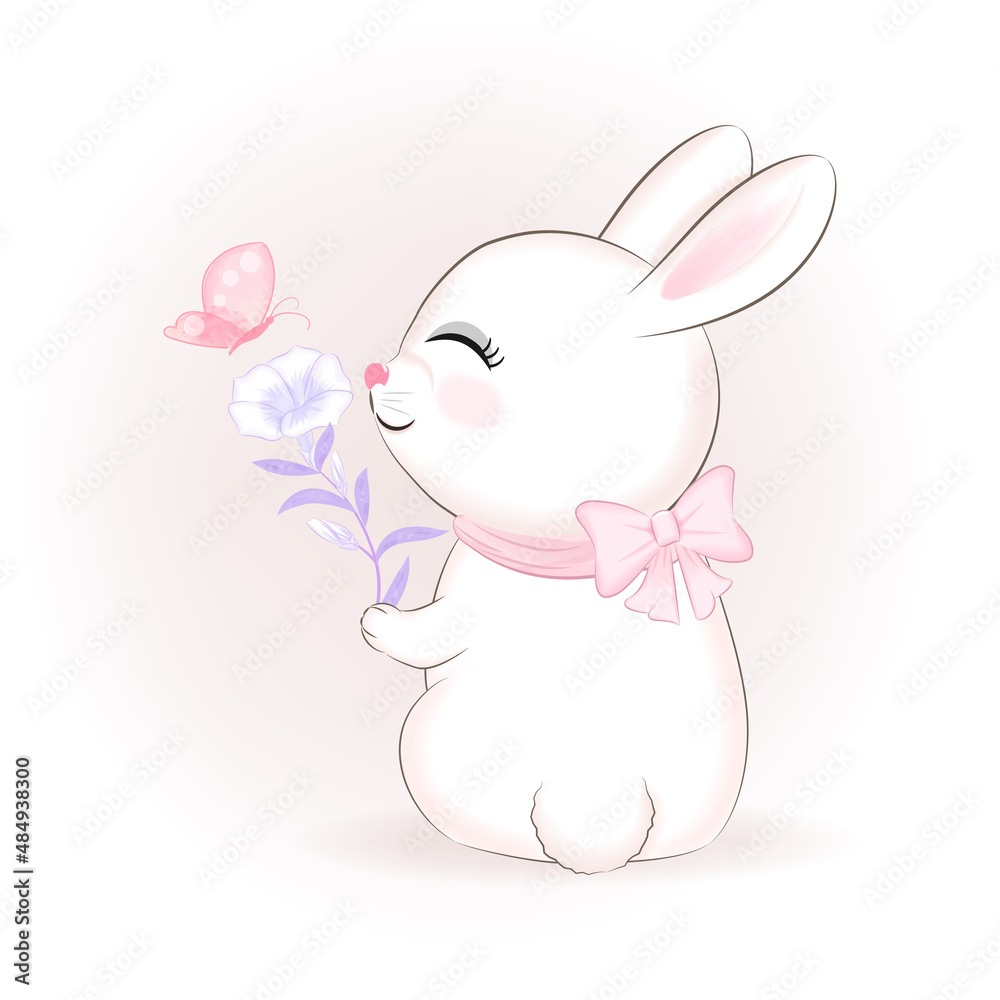 Cute Bunny and flower with butterfly cartoon animal Stock Vector ...
