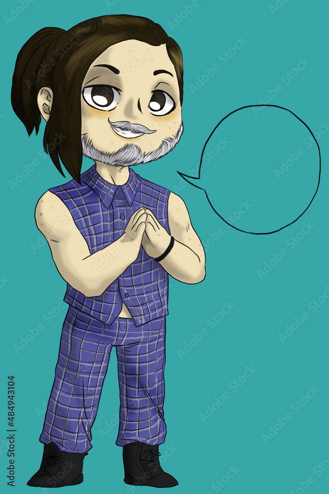 Digital illustration of a chibi standing man with beard an ponytail ...
