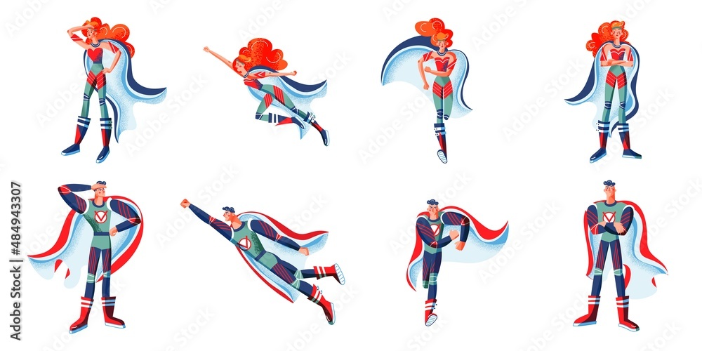 Superhero in costumes set. Cartoon comic heros with capes vector ...