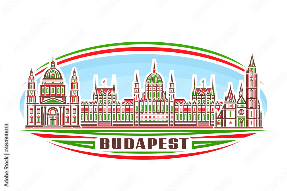 Vector illustration of Budapest, green horizontal badge with linear ...