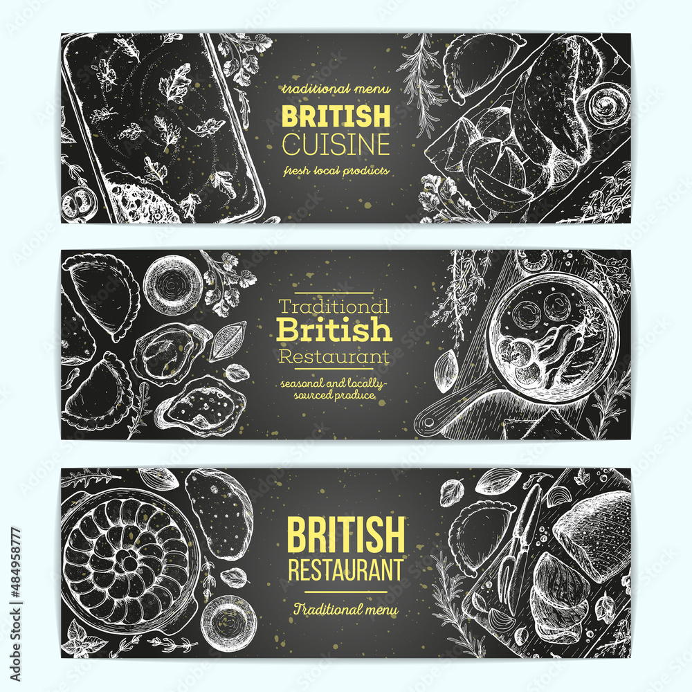 British cuisine top view banners collection. Food menu design with ...