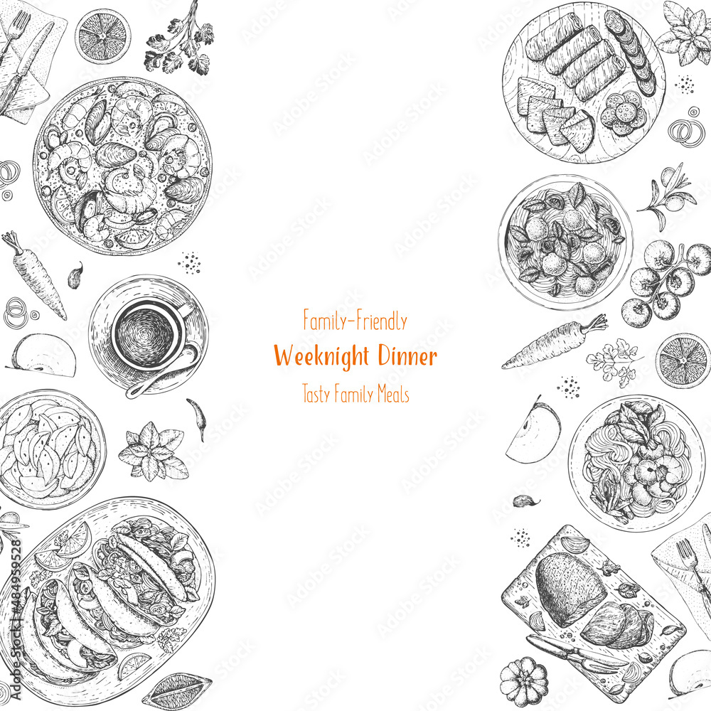 Family dinner top view, vector illustration. Friendly dinner table ...