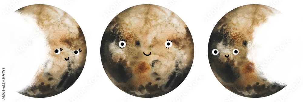 Cute moon planet space object circle shape set drawing hand drawn in ...