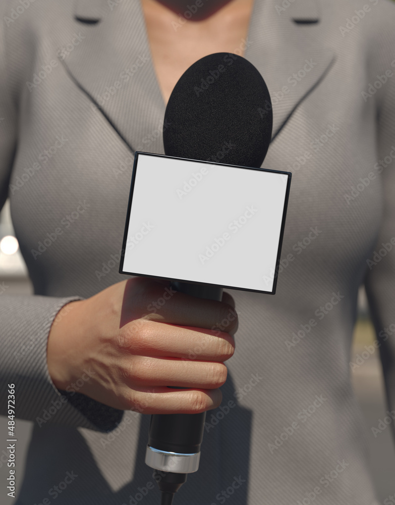 Female news reporter holding blank label microphone for template, 3D ...