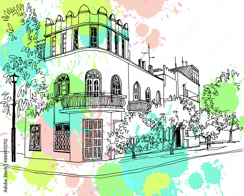 Old street of Tel Aviv, Israel. White City, Bauhaus style. Colorful ...