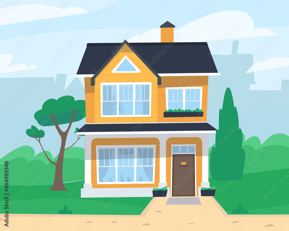 Nice two-story house with large windows. Yellow path at the house ...