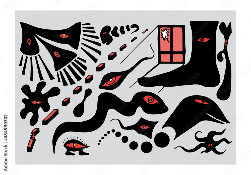 Psychedelic drawings of various creatures with eyes in doodle style ...