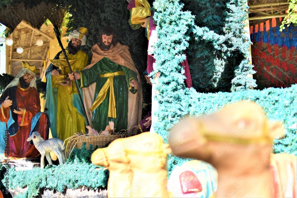 Three Kings. The Three Wise Men visit the baby Jesus in a manger Stock ...