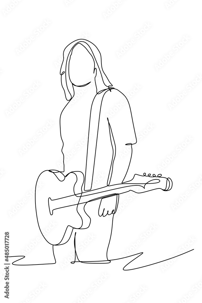 Continuous line drawing of a male guitarist rocker play his electric ...