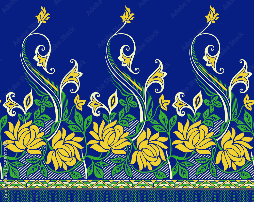 Seamless Asian textile flower border design Stock Illustration | Adobe ...