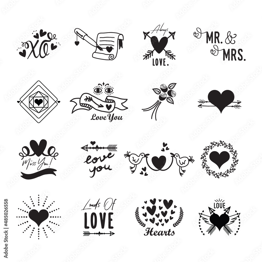 Black ink silhouette love and heart cute Valentine assorted icons ...